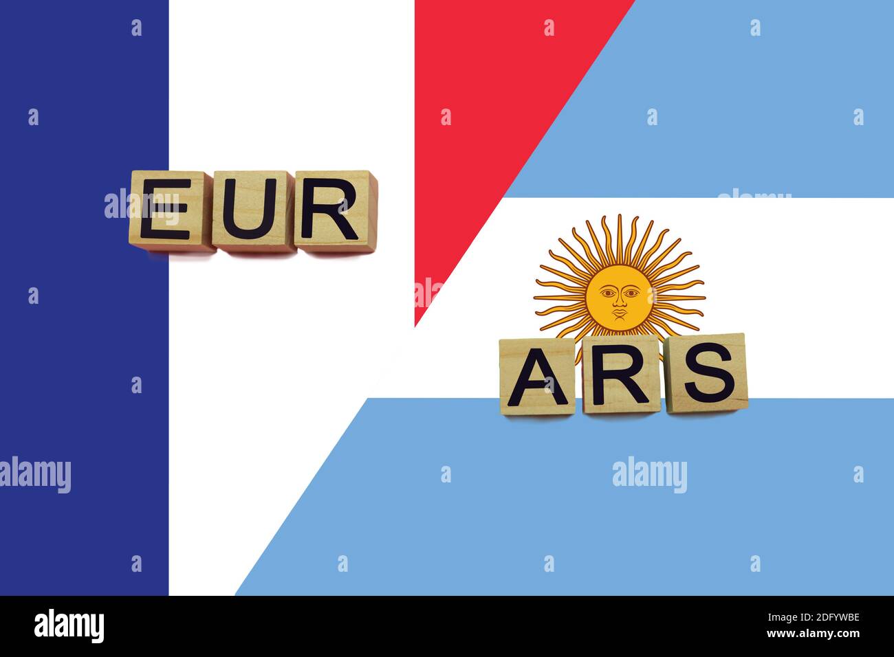 France and Argentina currencies codes on national flags background ...
