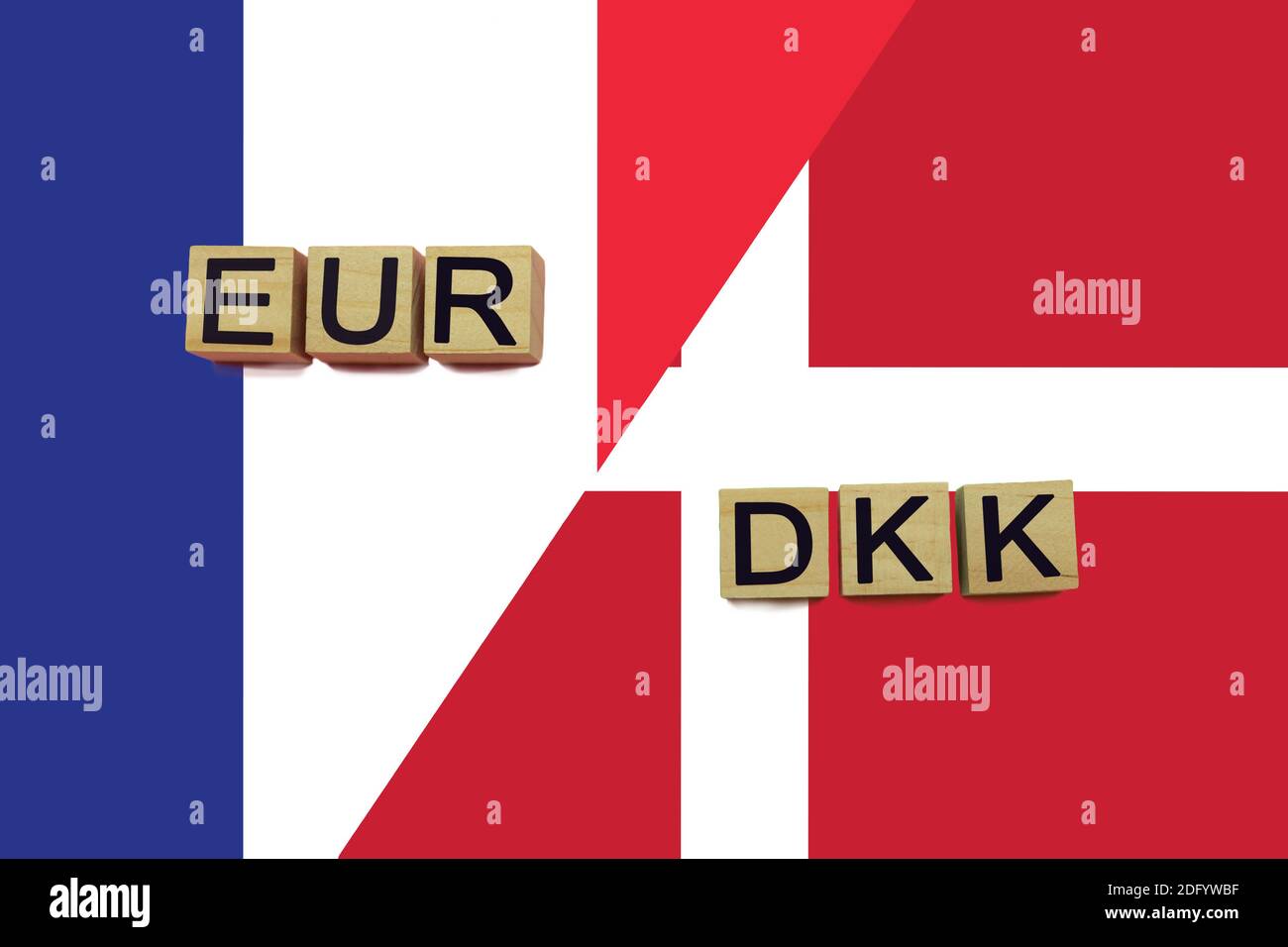 France and Denmark currencies codes on national flags background ...