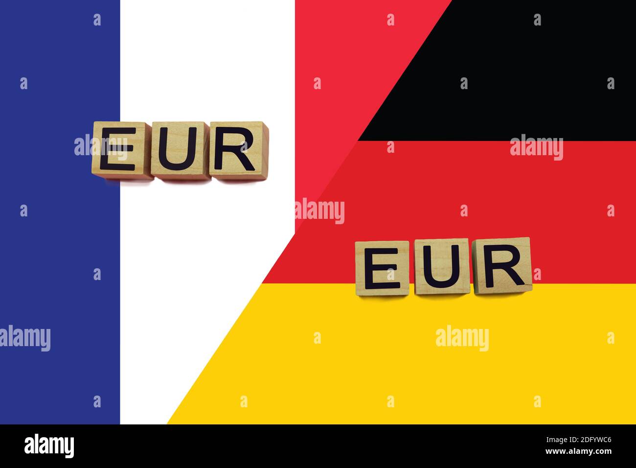 France and Germany currencies codes on national flags background ...