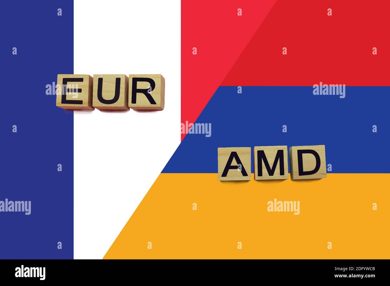 France and Armenia currencies codes on national flags background ...