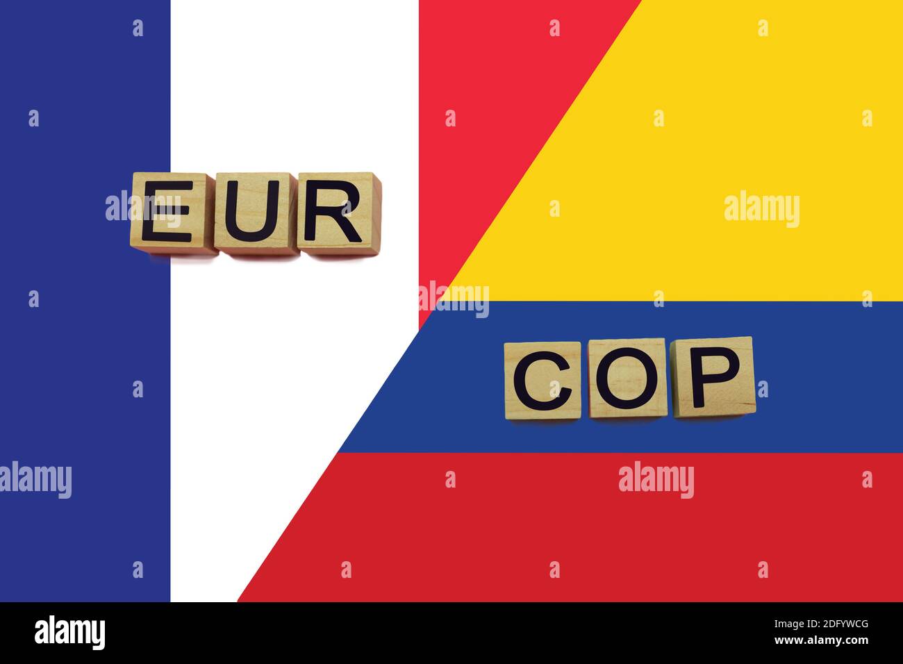France and Colombia currencies codes on national flags background ...