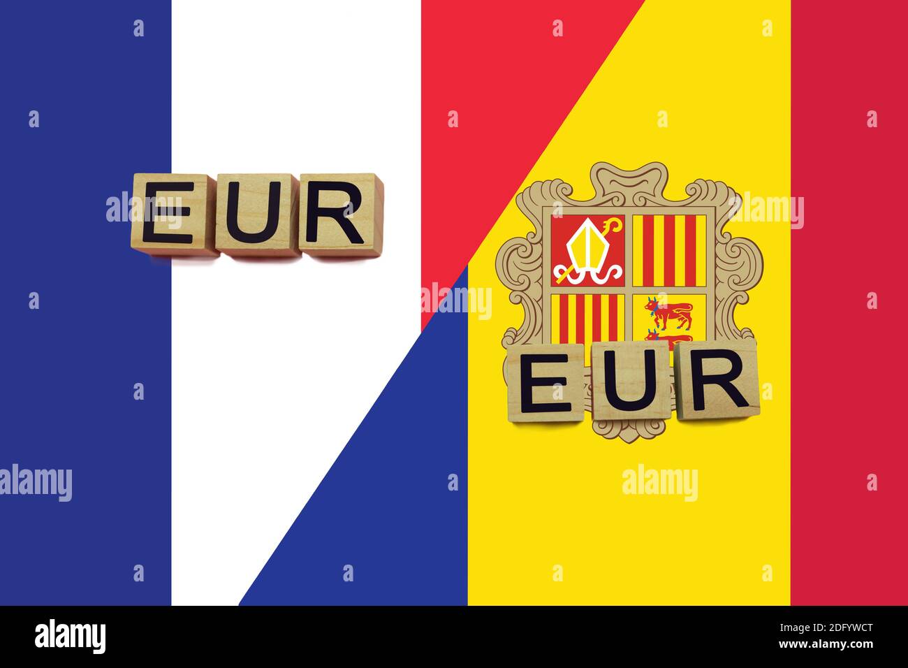 France and Andorra currencies codes on national flags background ...