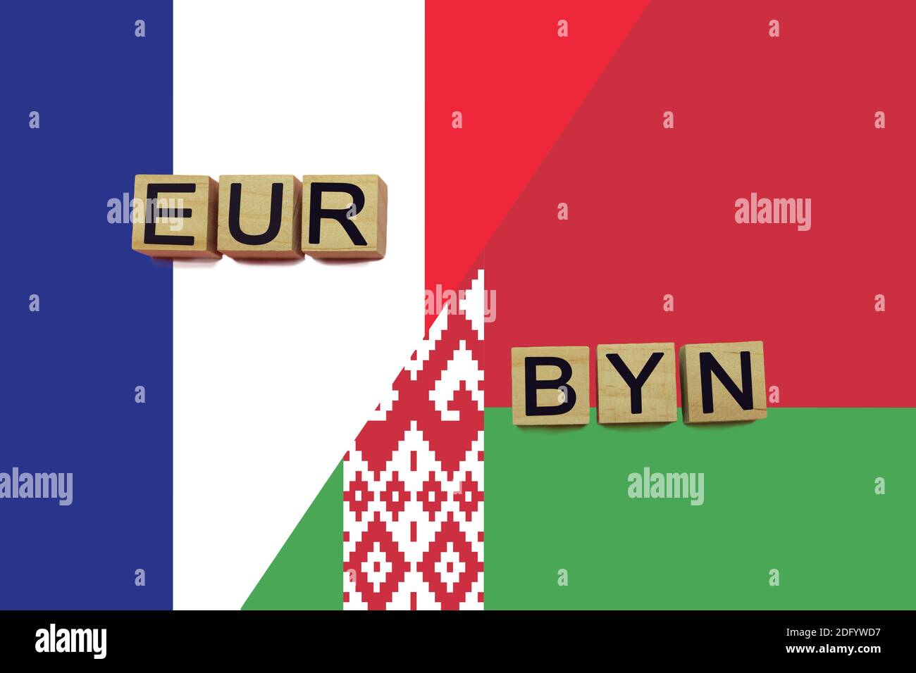 France and Belarus currencies codes on national flags background ...