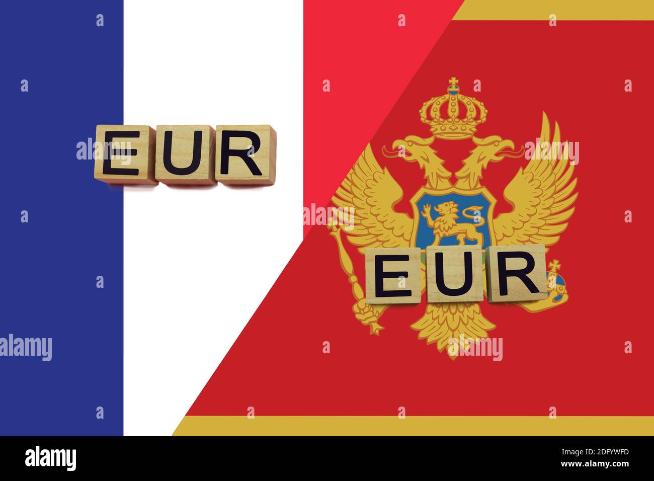 France and Montenegro currencies codes on national flags background ...
