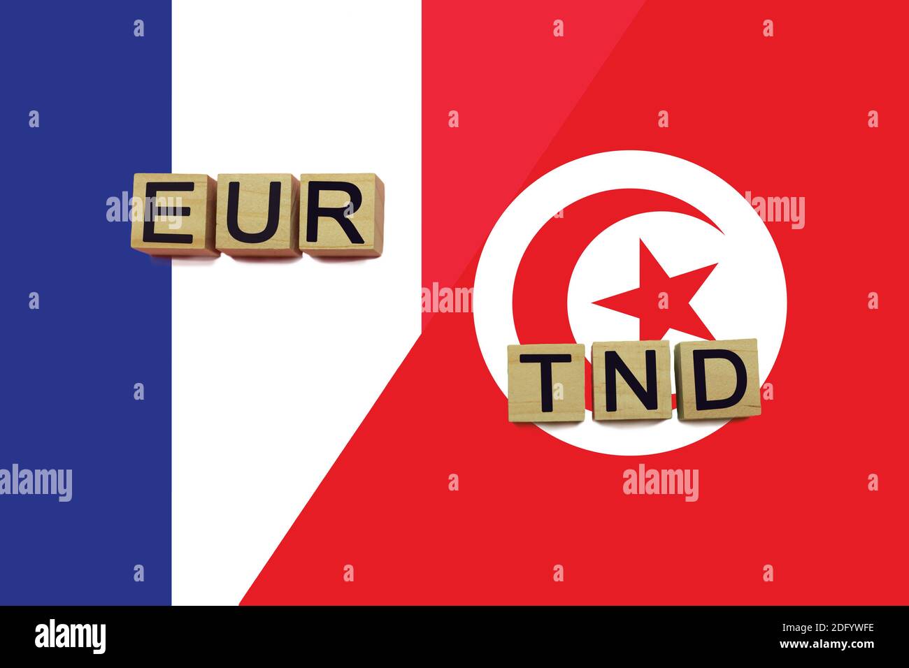 France and Tunisia currencies codes on national flags background ...