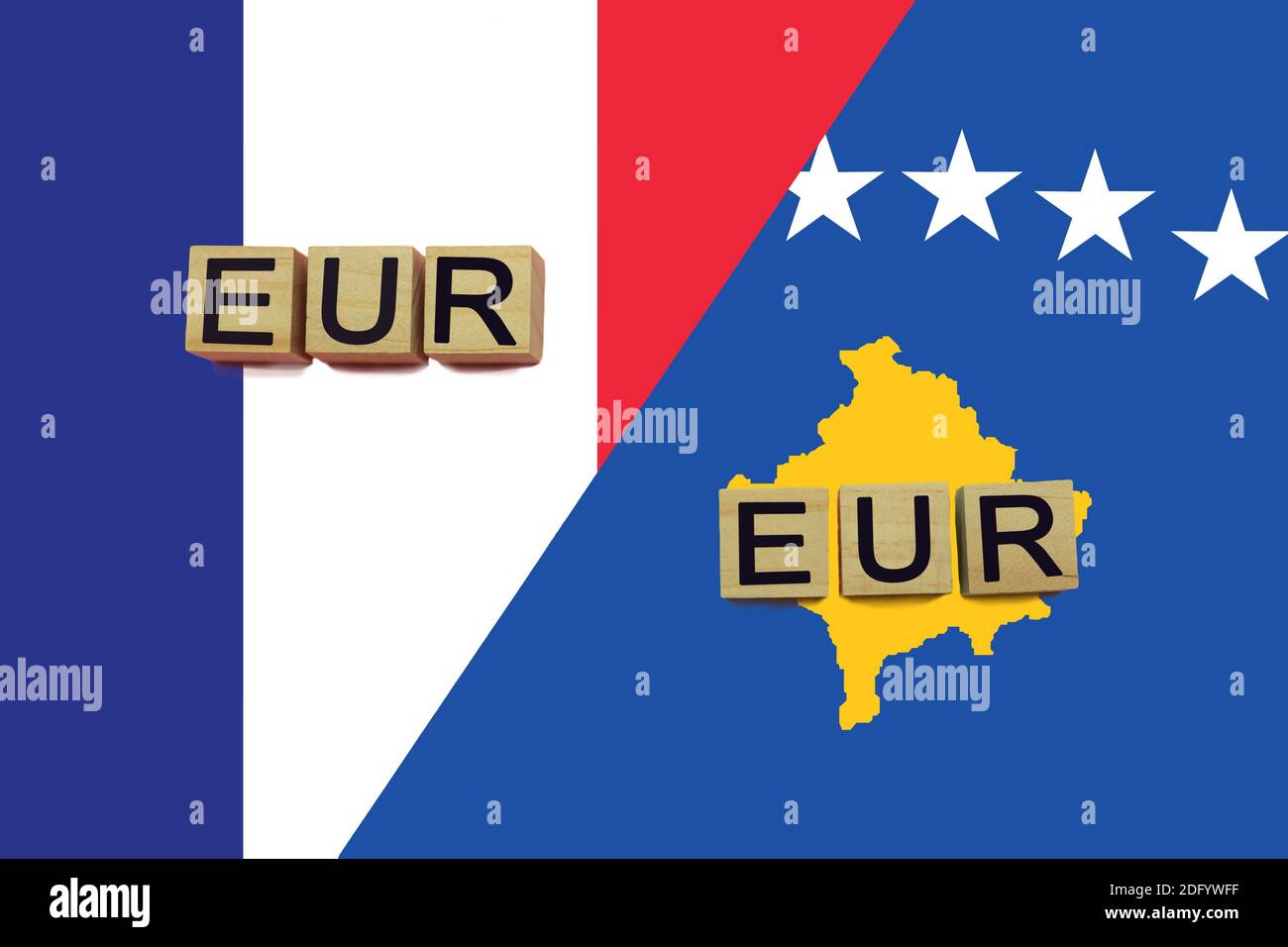 France and Kosovo currencies codes on national flags background ...
