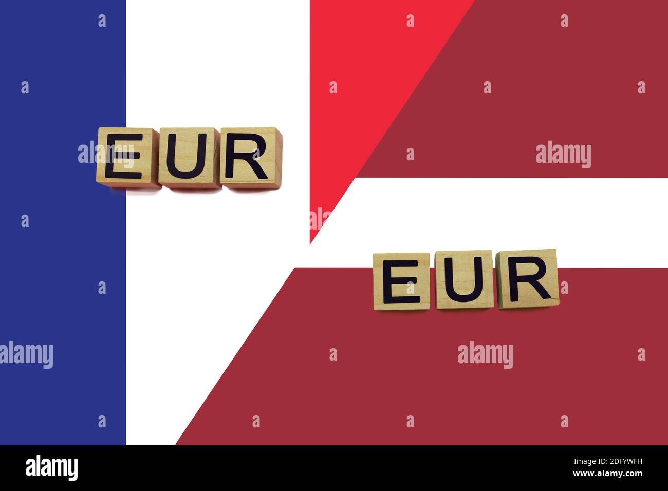 France and Latvia currencies codes on national flags background ...