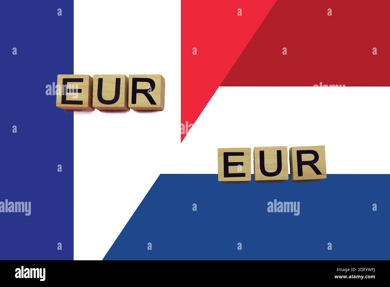 France and Netherlands currencies codes on national flags background ...