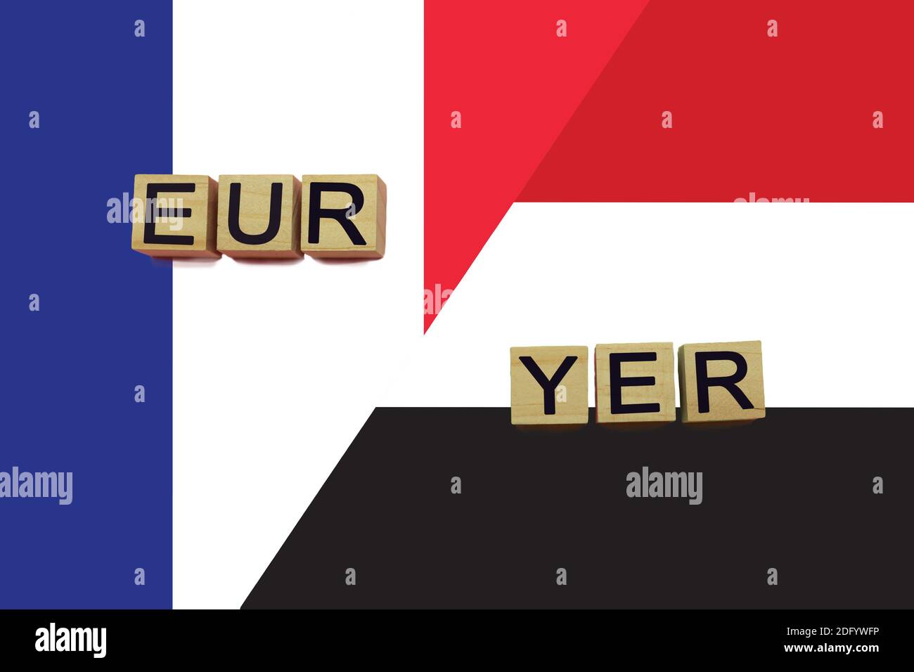 France and Yemen currencies codes on national flags background ...