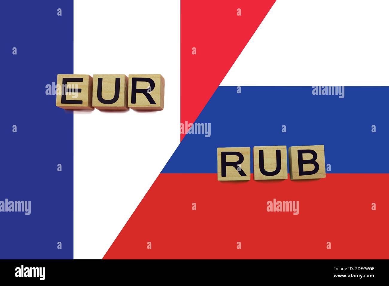 France and Russia currencies codes on national flags background ...