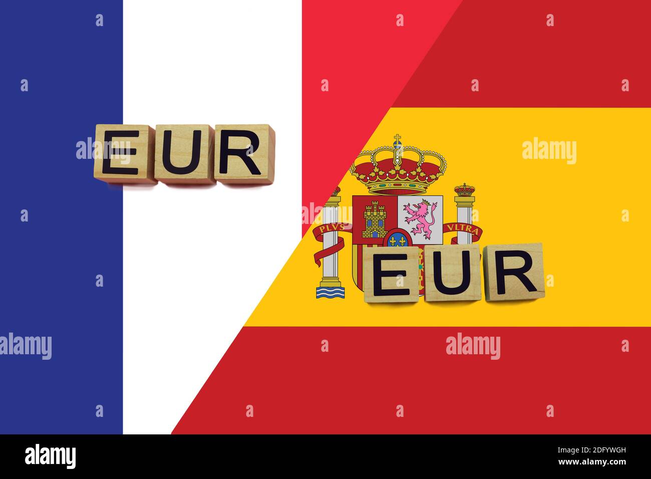France and Spain currencies codes on national flags background ...