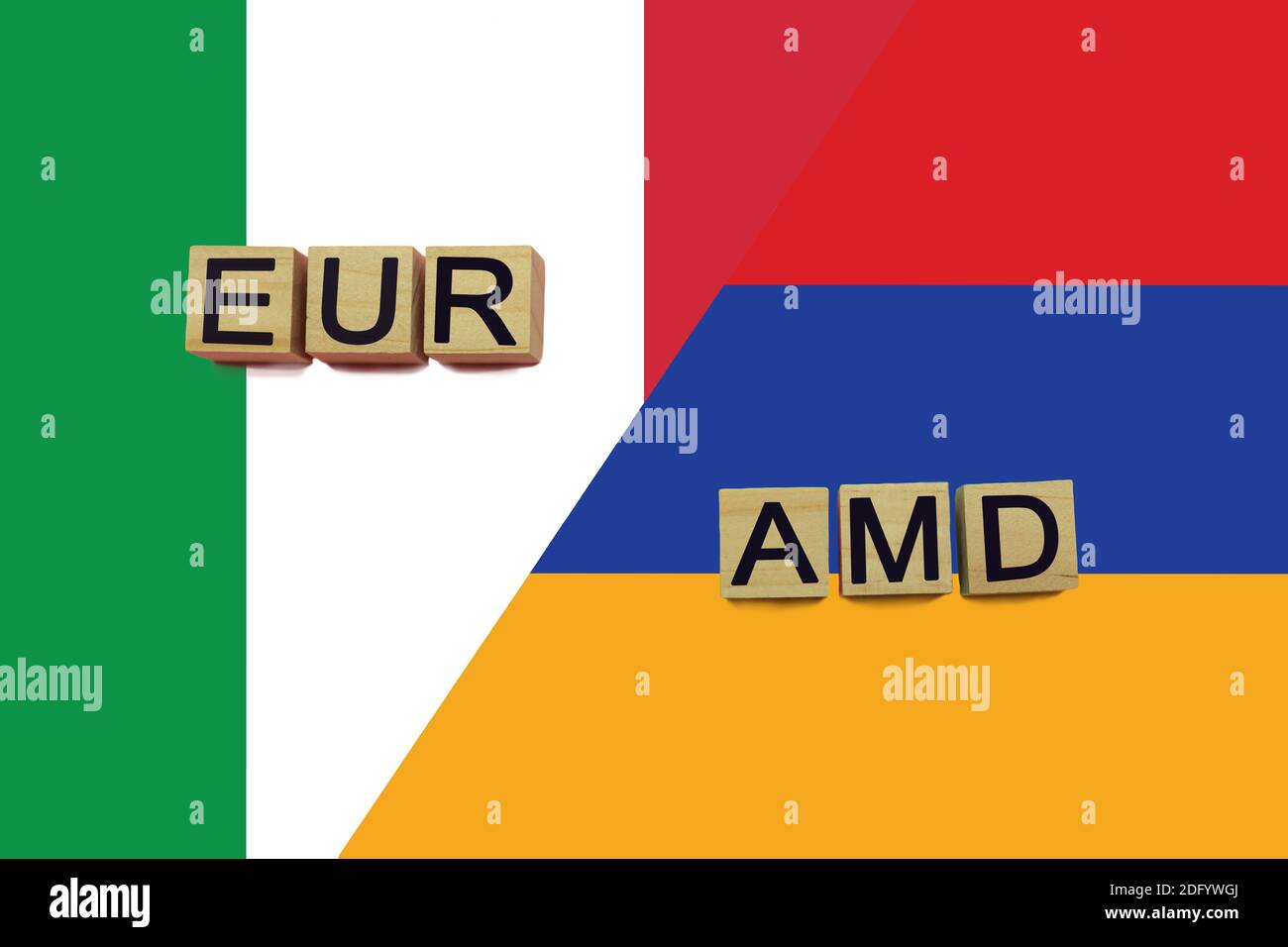 Italy and Armenia currencies codes on national flags background ...