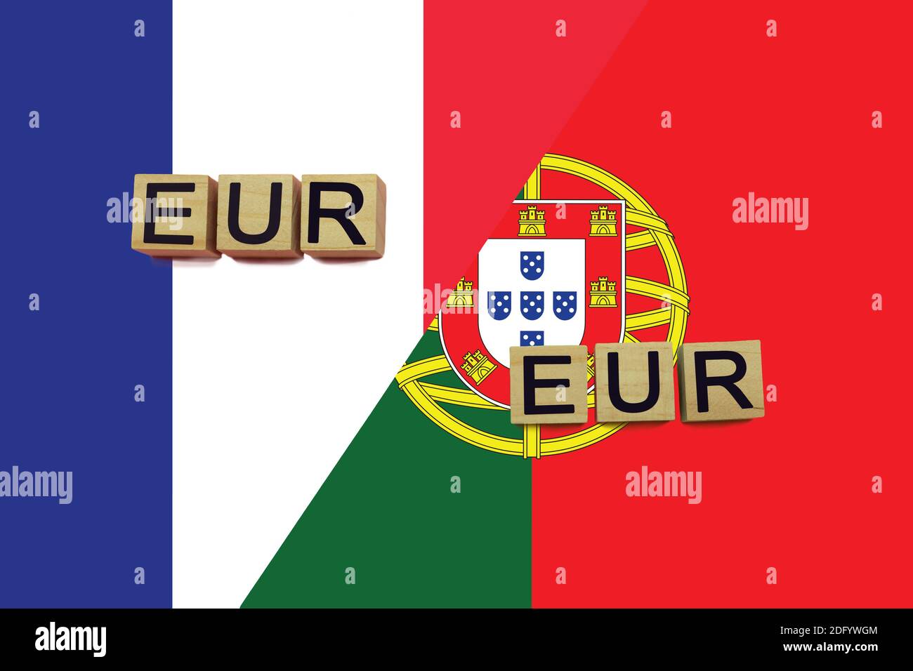 France and Portugal currencies codes on national flags background ...