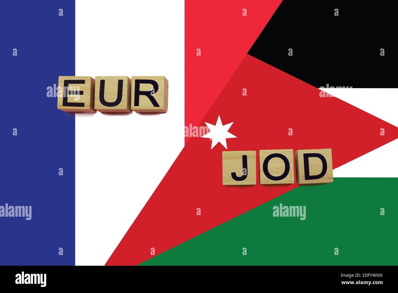 France and Jordan currencies codes on national flags background ...