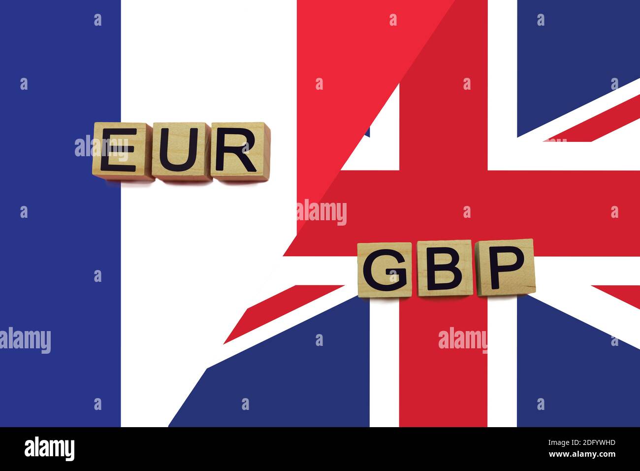 France and United Kingdom currencies codes on national flags background ...