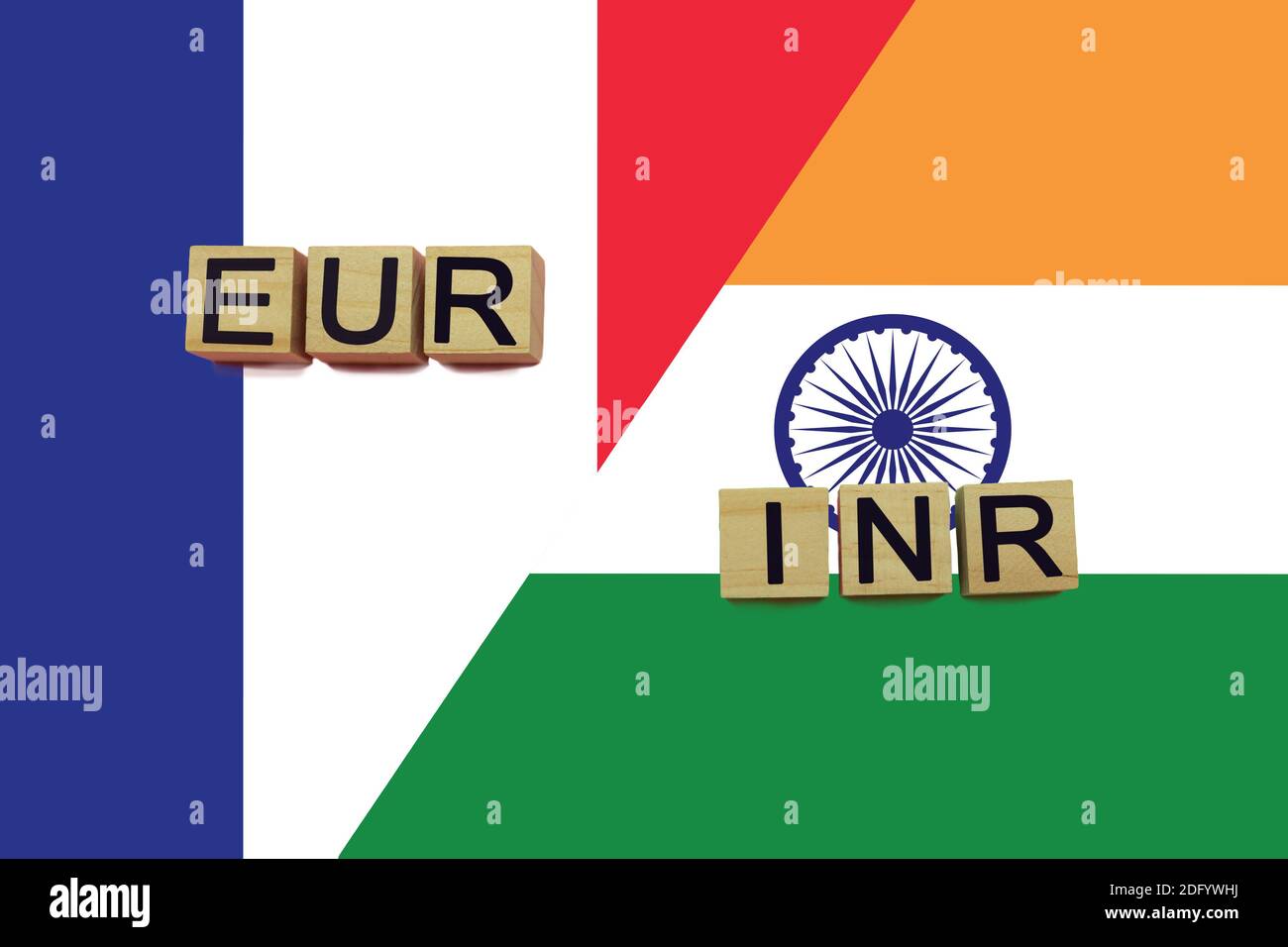 France and India currencies codes on national flags background ...