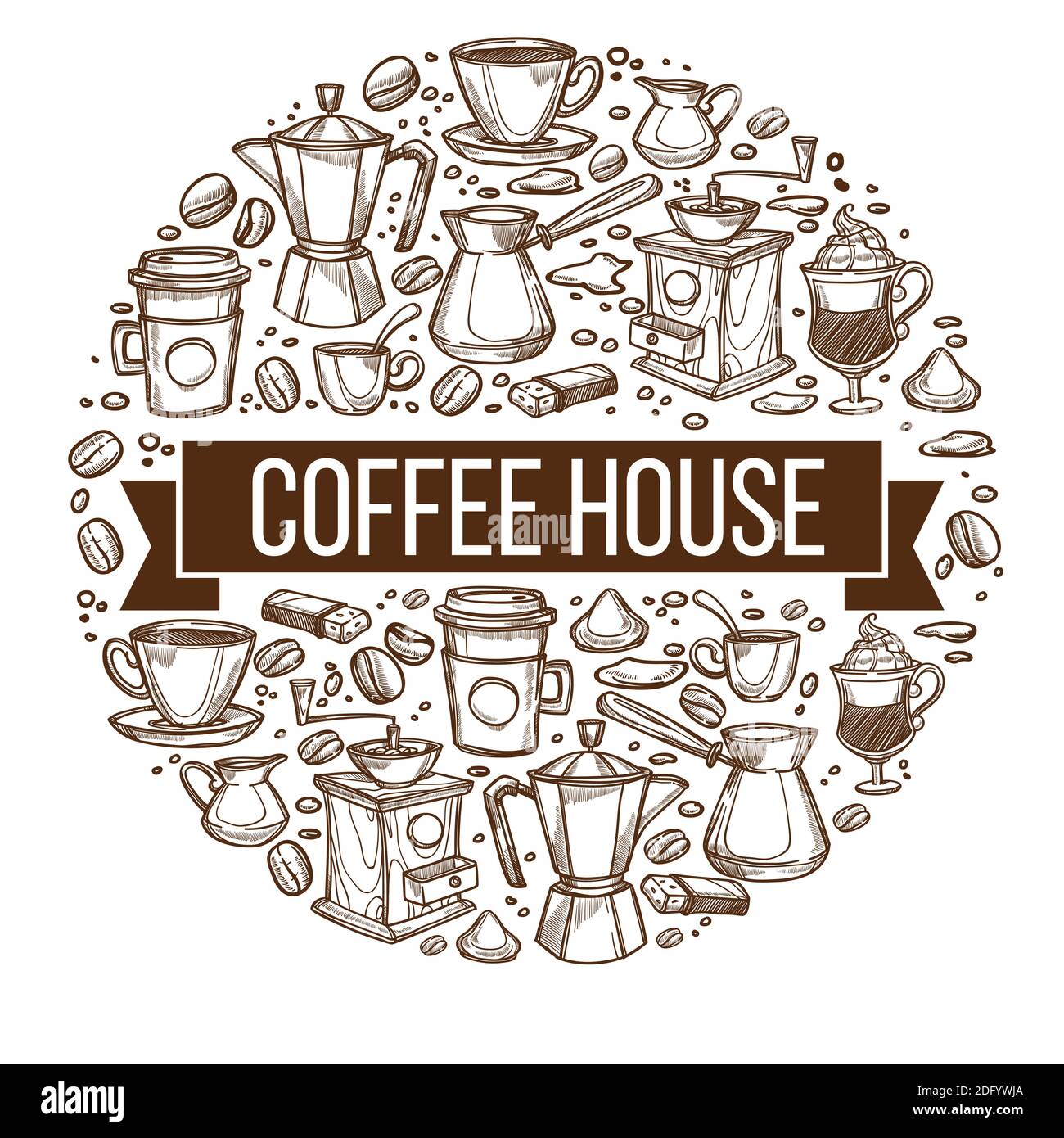 Coffee house circular banner with cups and beans Stock Vector Image ...