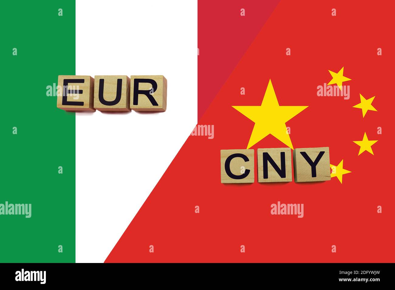 Italy and China currencies codes on national flags background ...