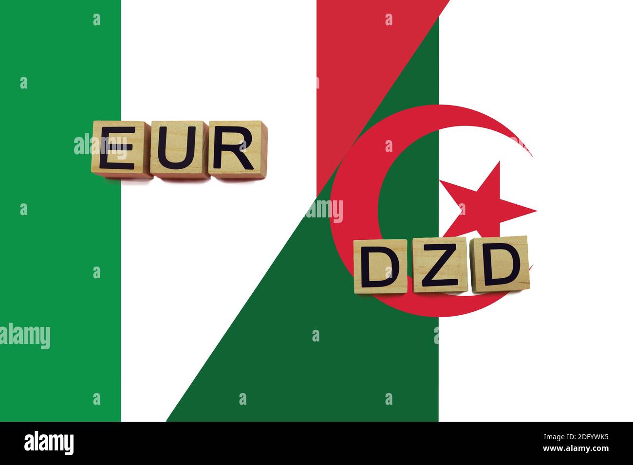 Italy and Algeria currencies codes on national flags background ...
