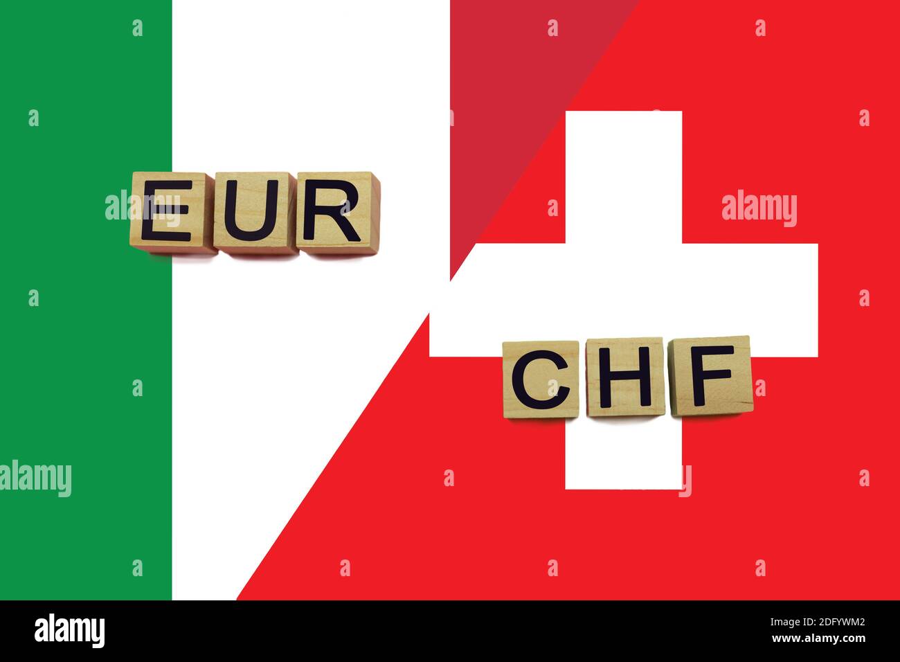 Italy and Switzerland currencies codes on national flags background ...