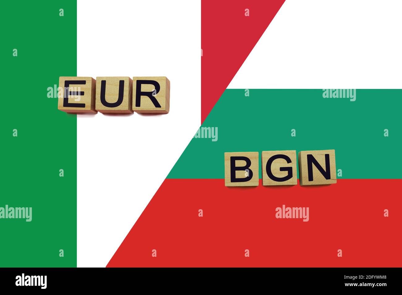 Italy and Bulgaria currencies codes on national flags background ...