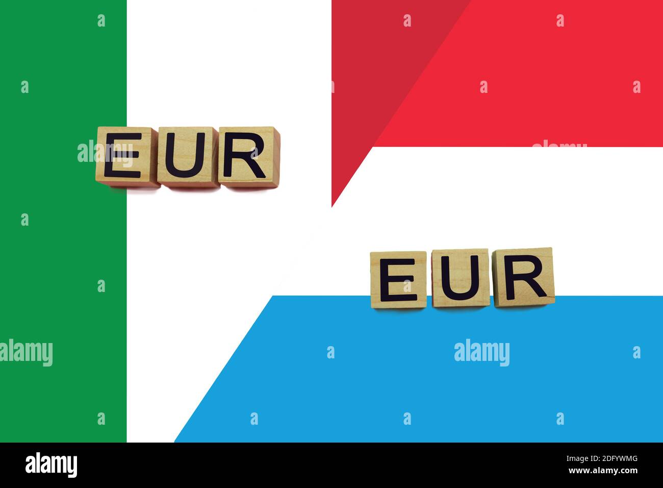 Italy and Luxembourg currencies codes on national flags background ...