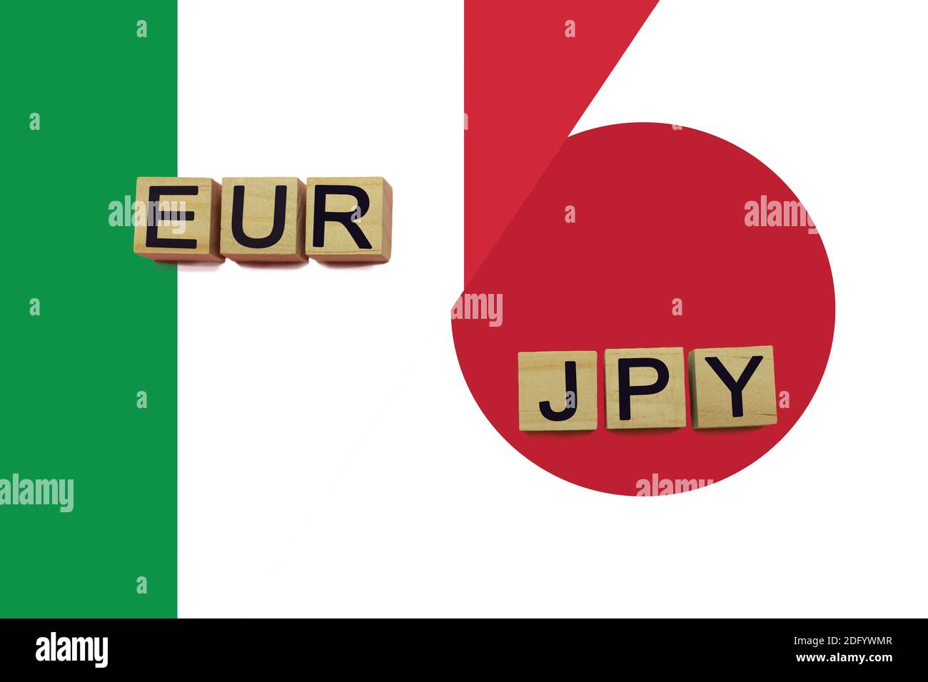 Italy and Japan currencies codes on national flags background ...