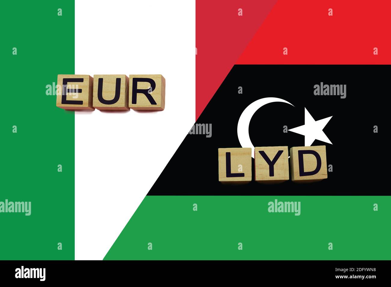 Italy and Libya currencies codes on national flags background ...