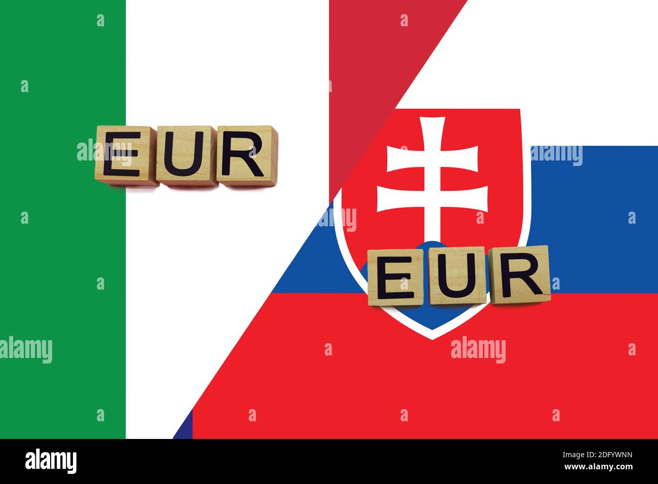 Italy and Slovakia currencies codes on national flags background ...