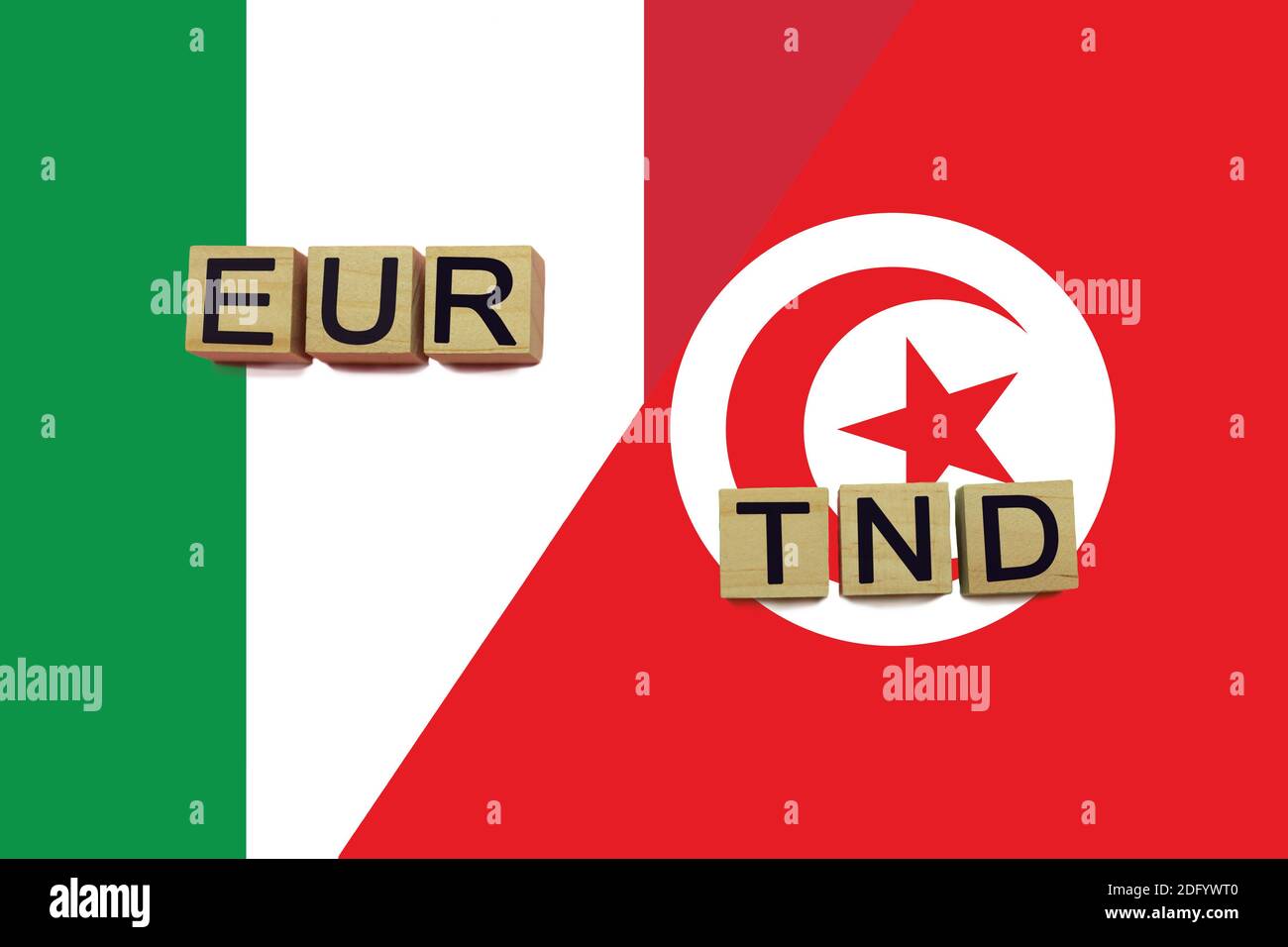 Italy and Tunisia currencies codes on national flags background ...