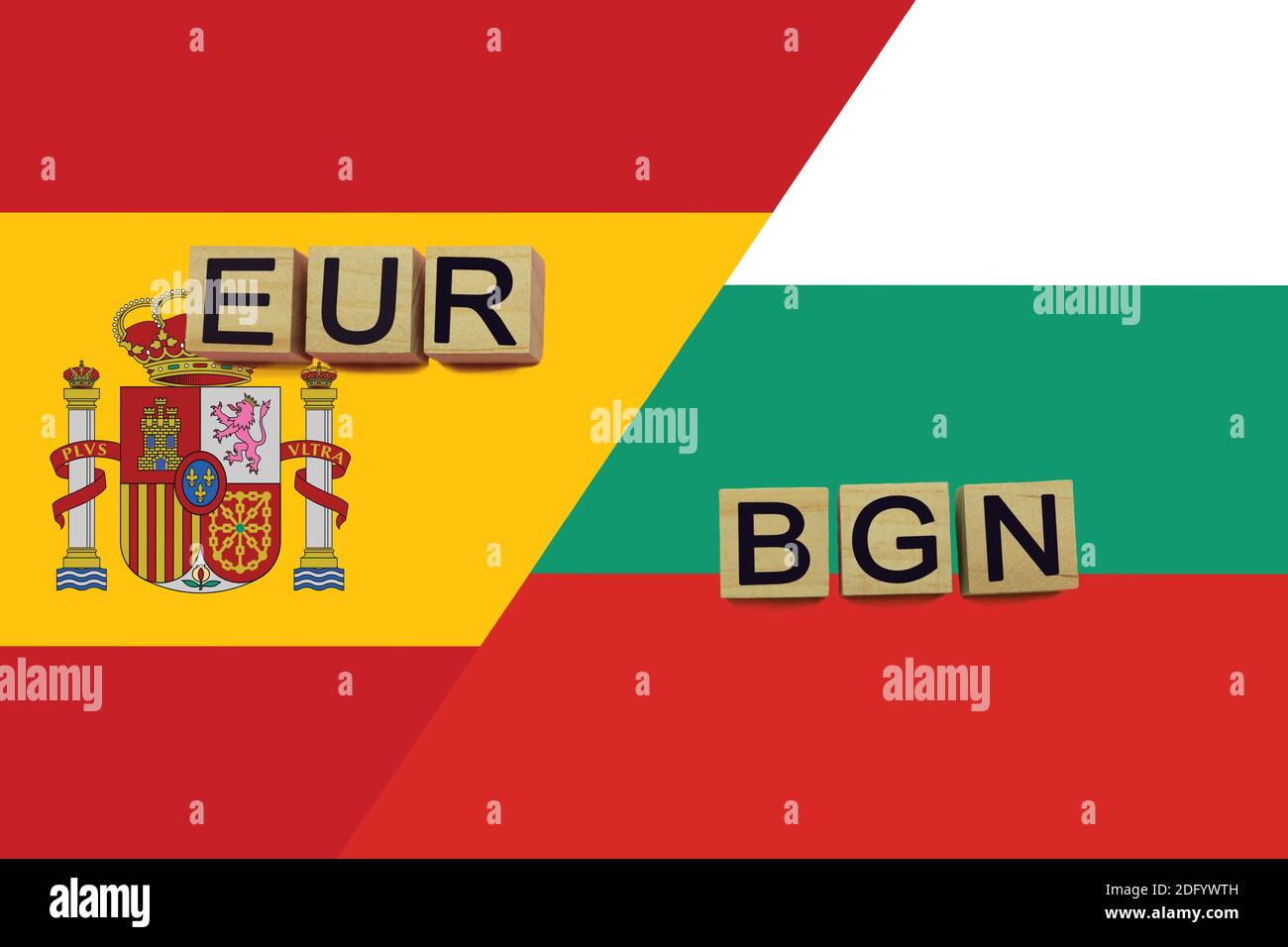 Spain and Bulgaria currencies codes on national flags background ...