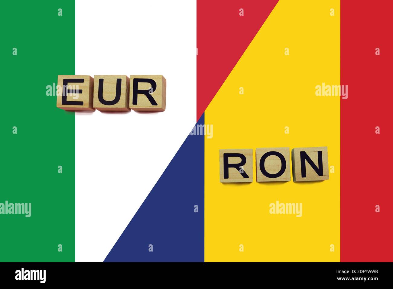 Italy and Romania currencies codes on national flags background ...