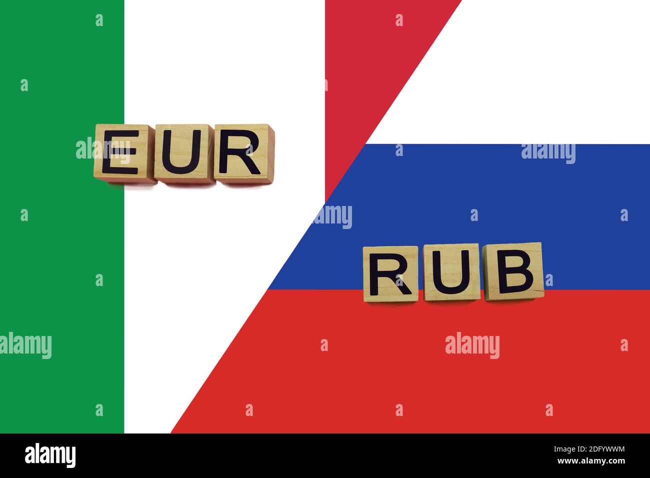 Italy and Russia currencies codes on national flags background ...