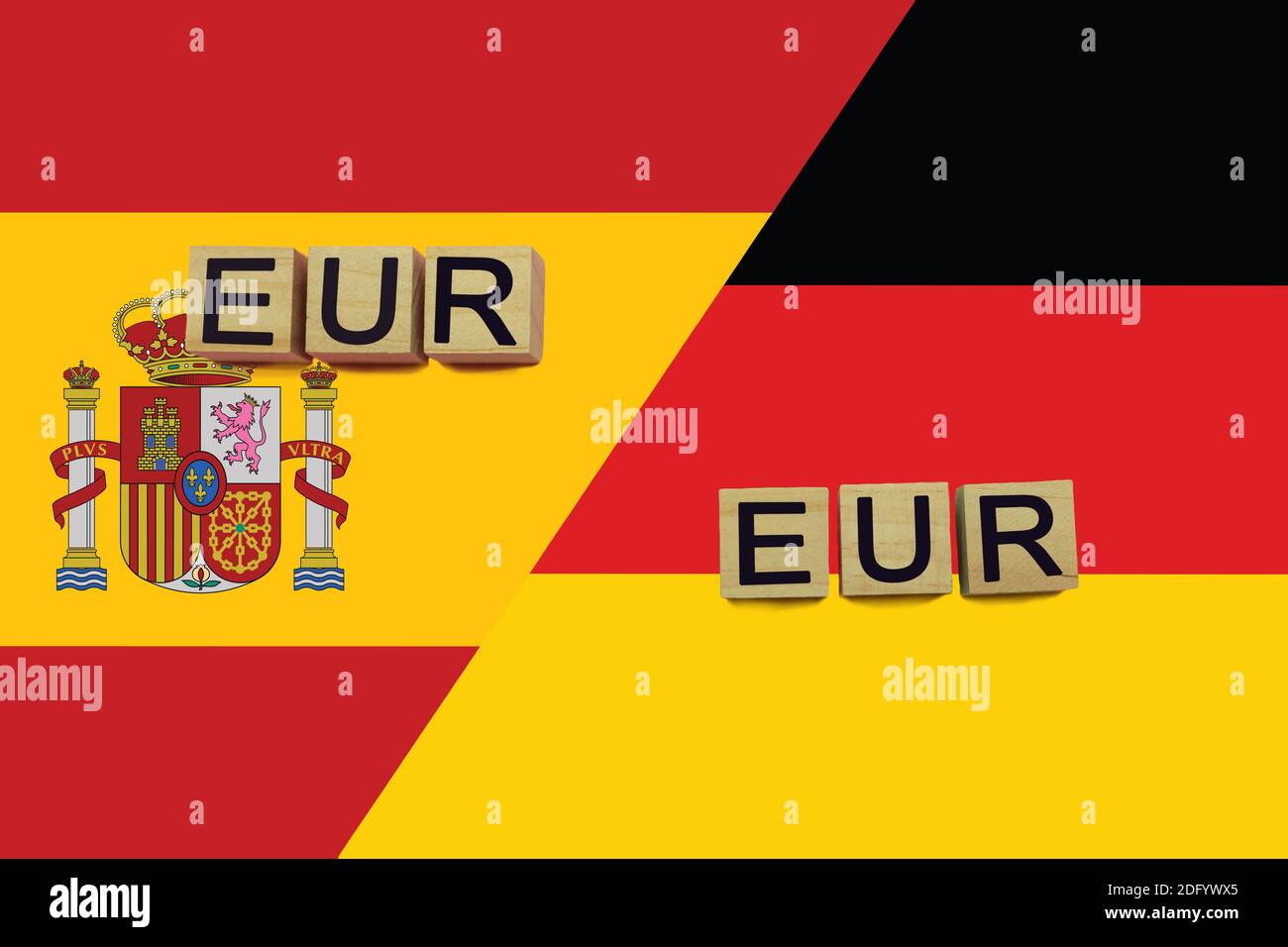 Spain and Germany currencies codes on national flags background ...