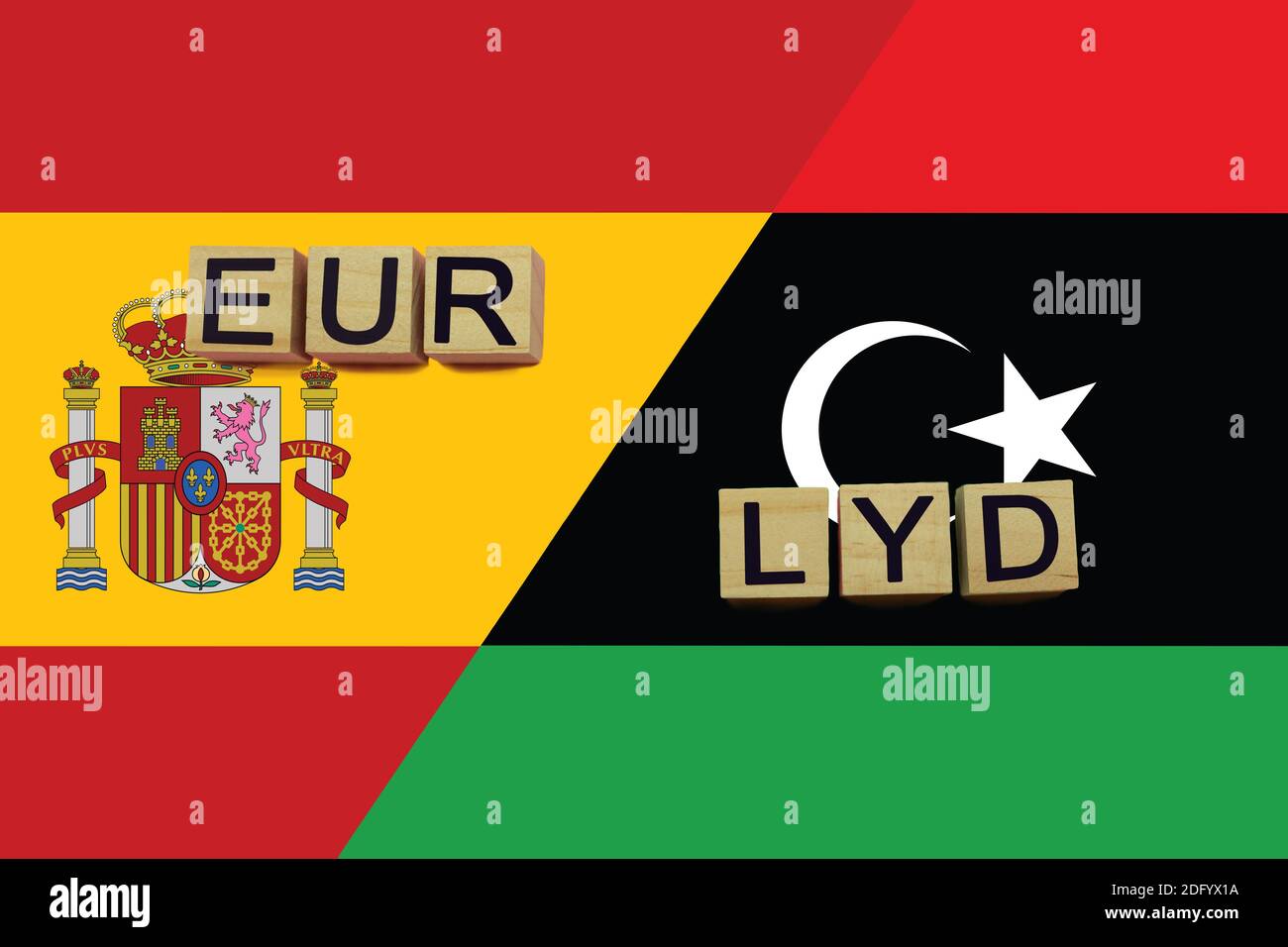 Spain and Libya currencies codes on national flags background ...