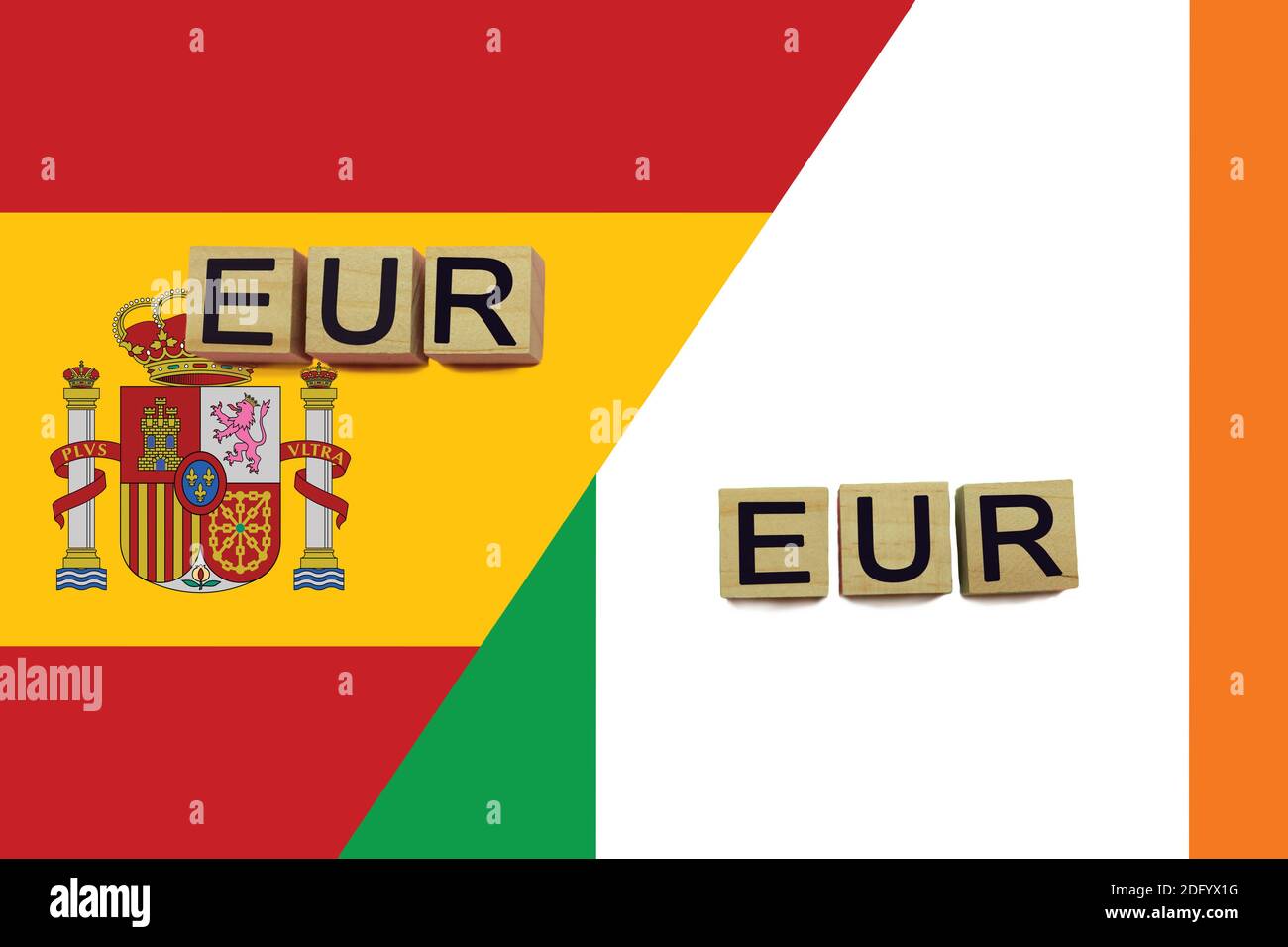 Spain and Ireland currencies codes on national flags background ...