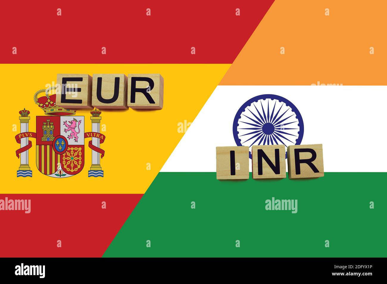 Spain and India currencies codes on national flags background ...
