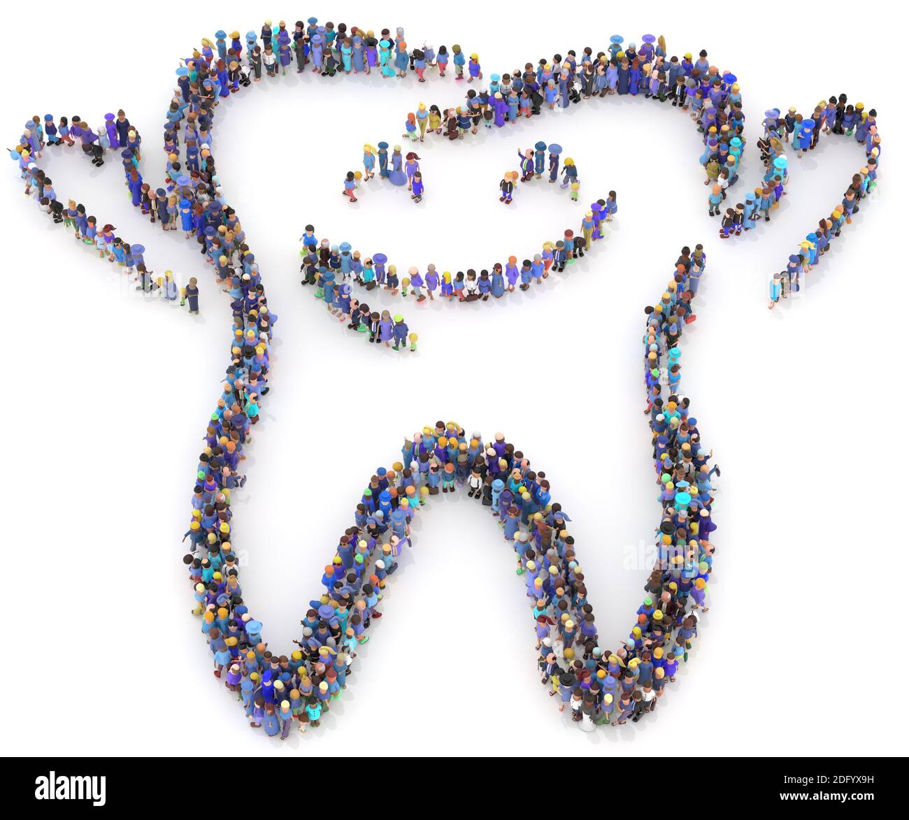 Large crowd of 3D people seen from above in the shape of teeth, medical ...