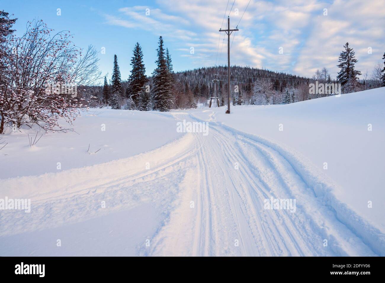 Winter landscape with a ski road between the snowdrifts and the setting ...