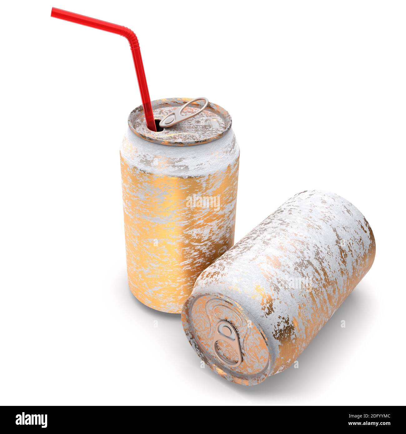 Gold frozen aluminum beer or soda cans with red straw isolated on white ...