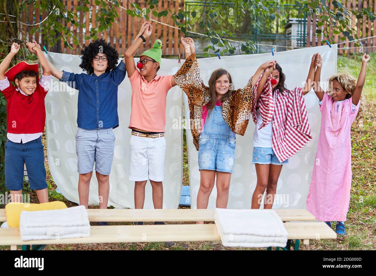Children in costume at the end of the talent show in the holiday camp ...