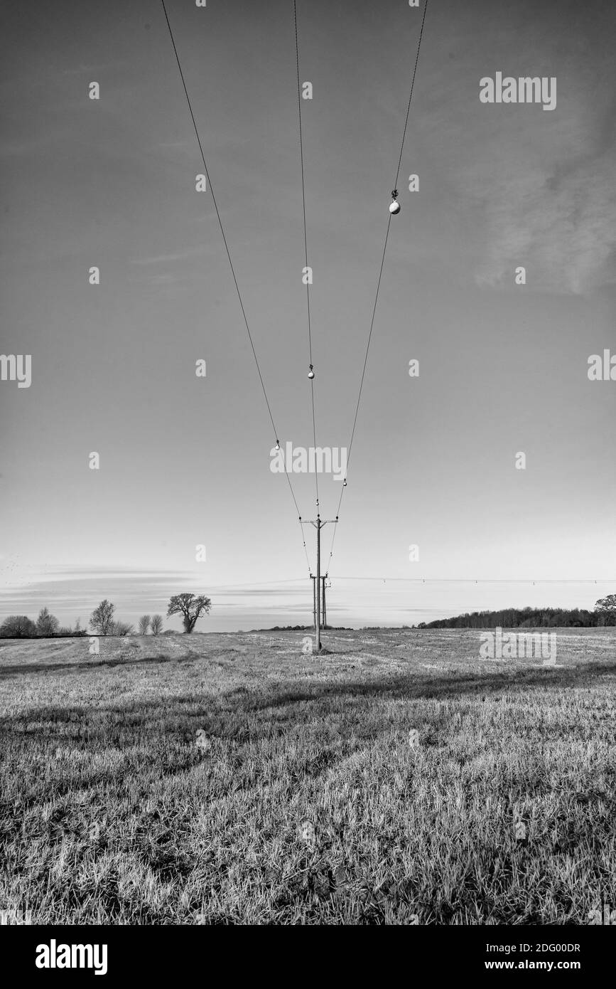 Telegraph posts in line across a field with cables leading from above ...