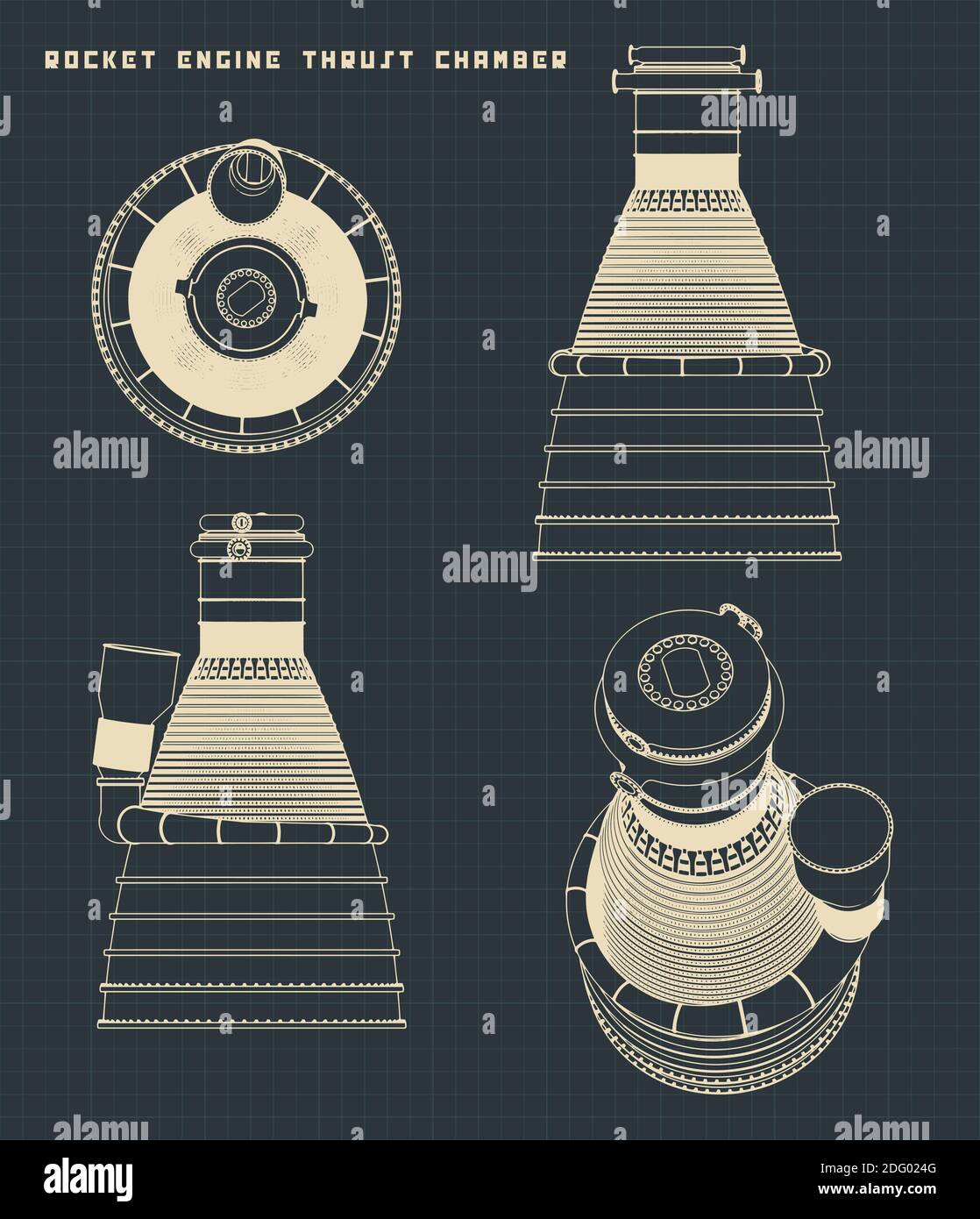 Stylized vector illustration of rocket engine thrust chamber drawings ...
