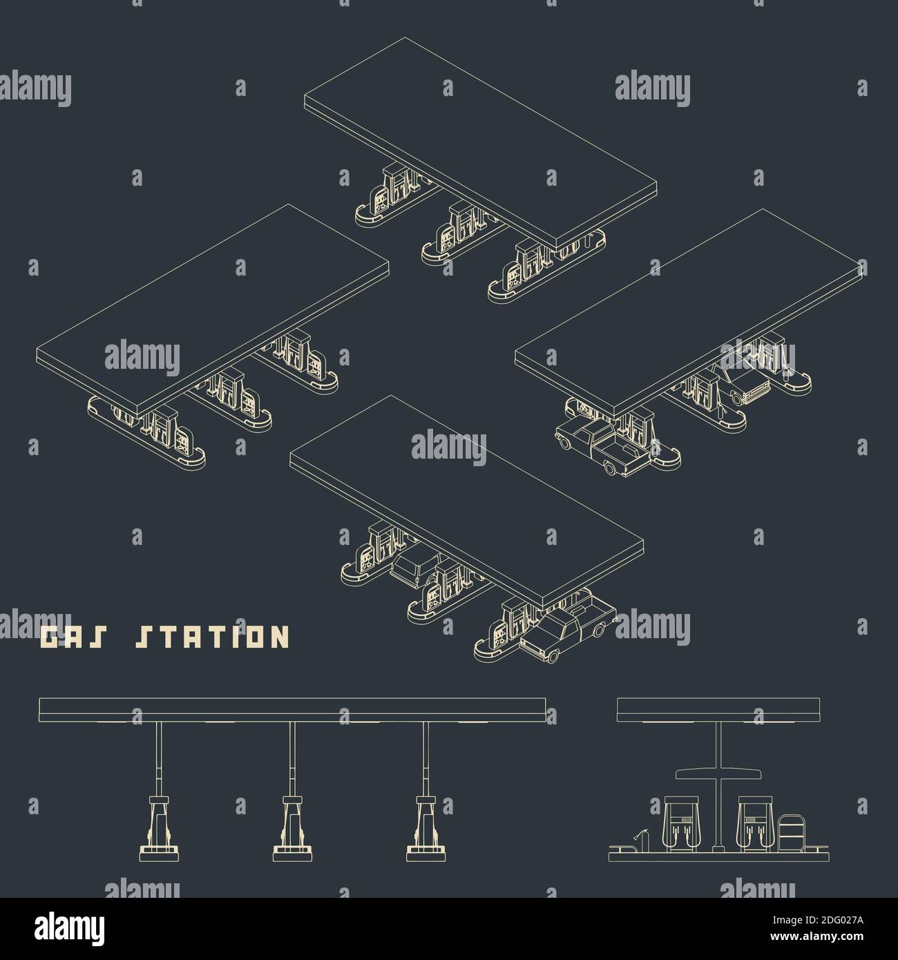 Stylized gas station vector Illustrations blueprints with cars on it ...