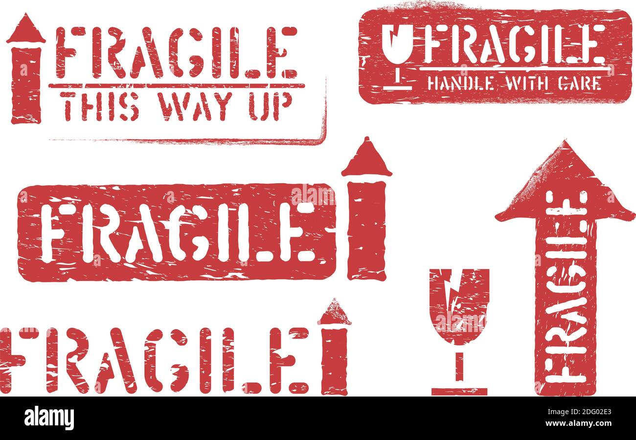 Fragile, this way up, handle with care grungy box signs and symbols for ...