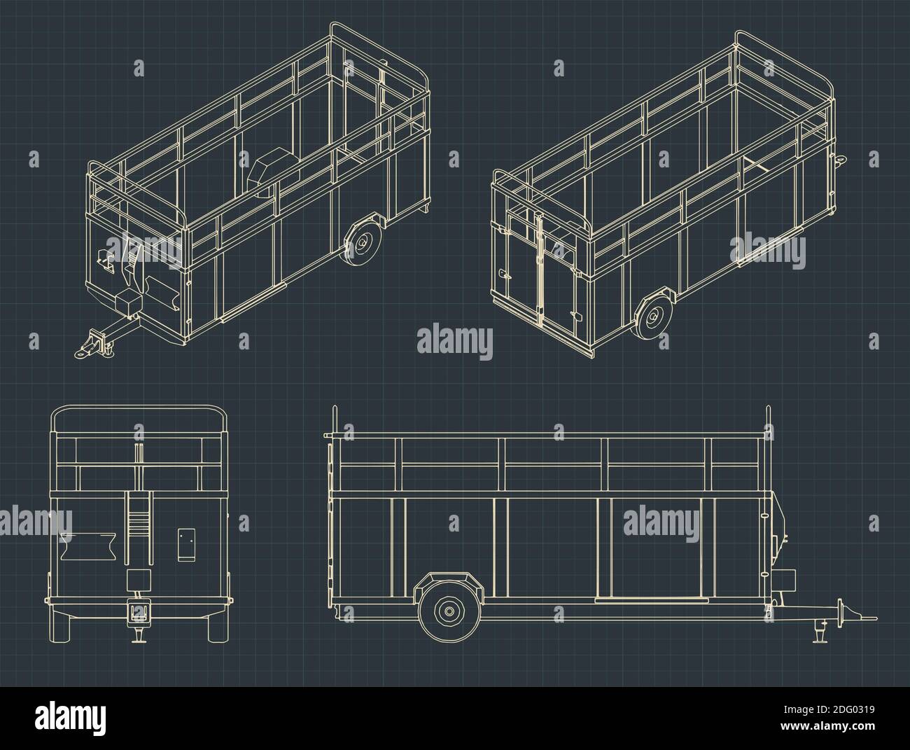 Stylized vector illustrations of a Farm Tractor trailer blueprints ...