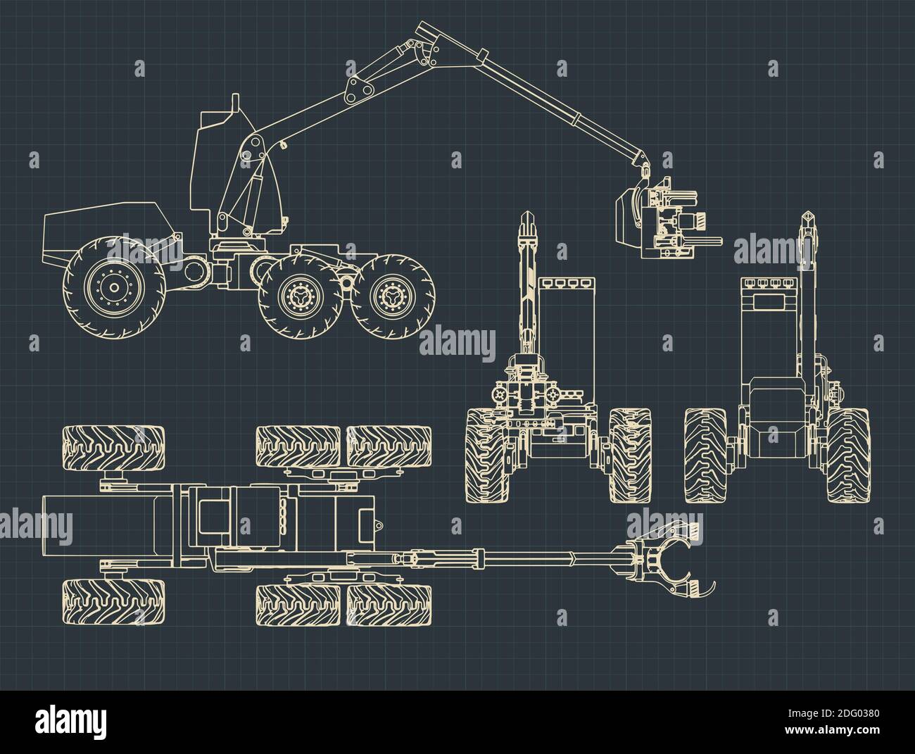 Stylized vector illustrations of a forest harvester machine colorful ...