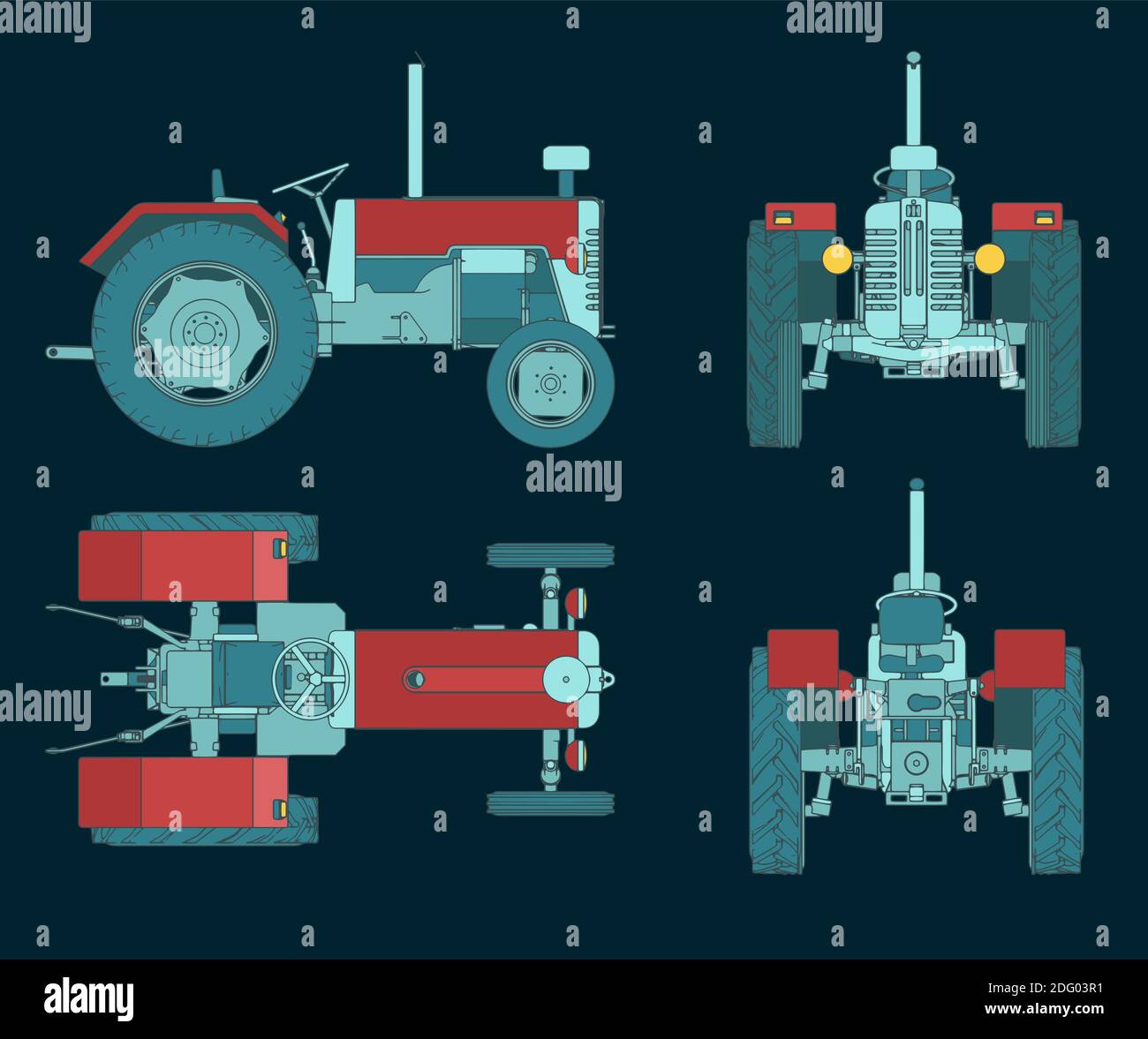 Stylized vector illustrations of a cartoon Tractor colorful blueprints ...