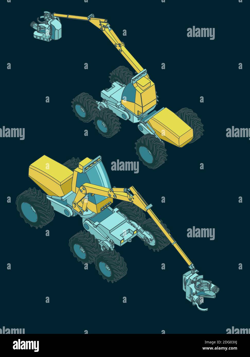Stylized vector illustrations of a forest harvester machine isometric ...