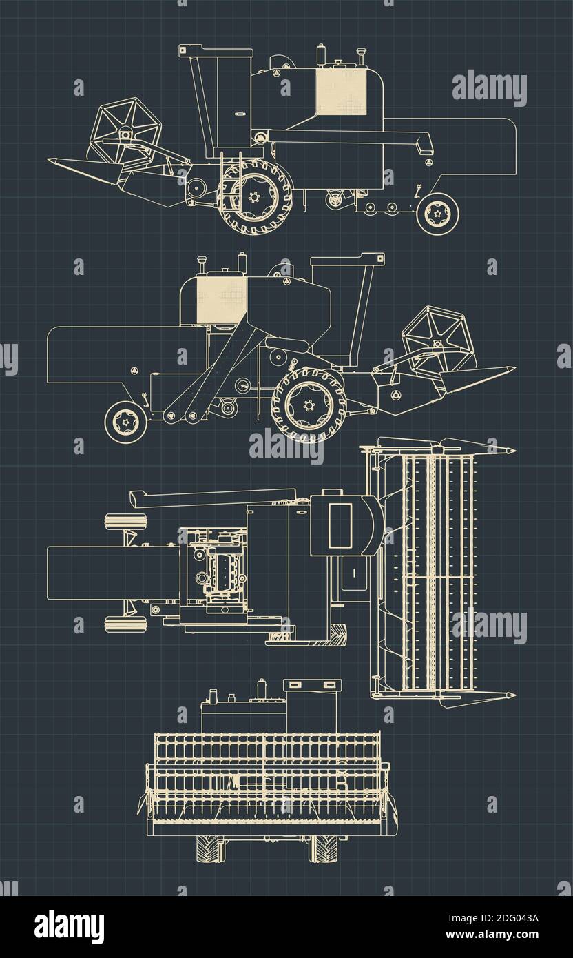 Stylized vector illustrations of a Combine Harvester blueprints Stock ...